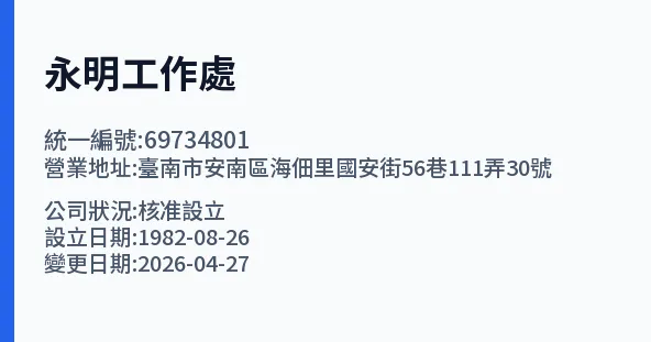 永明工作處的照片-統編 69734801(臺南市) 公司登記資料與營業項目詳細圖表
