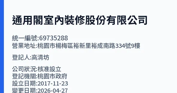 通用閣室內裝修股份有限公司的照片-統編 69735288(桃園市) 公司登記資料與營業項目詳細圖表