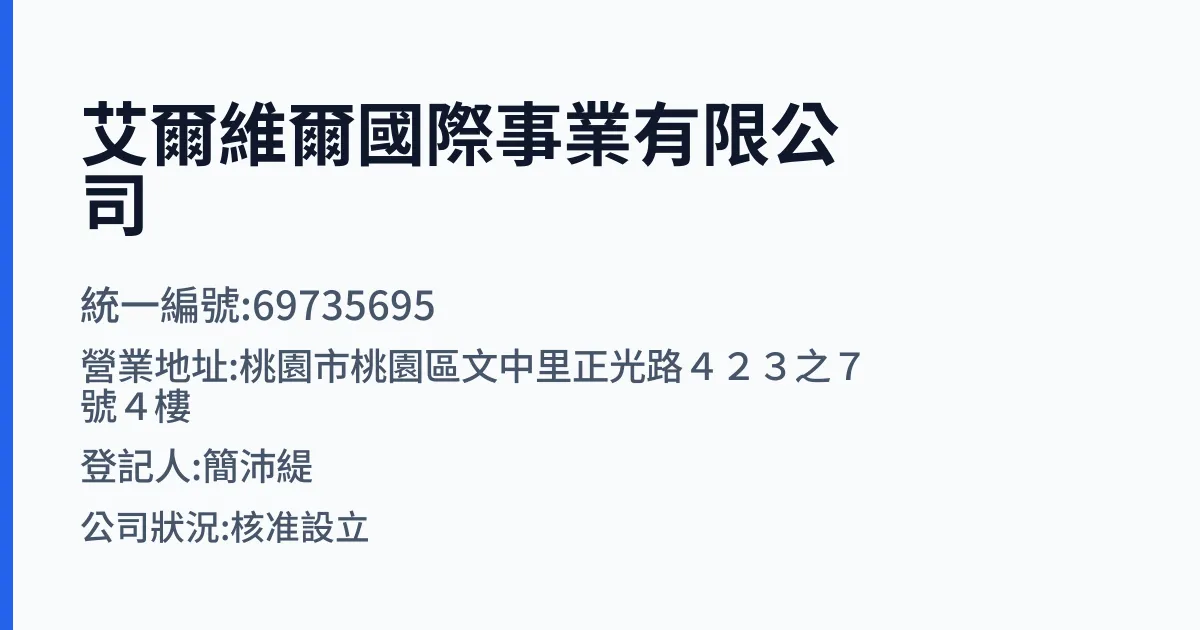艾爾維爾國際事業有限公司 - 統編 69735695(桃園市) 公司登記資料與營業項目詳細圖表