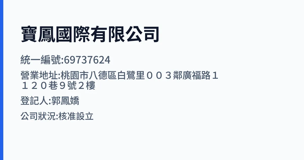 寶鳳國際有限公司 - 統編 69737624(桃園市) 公司登記資料與營業項目詳細圖表