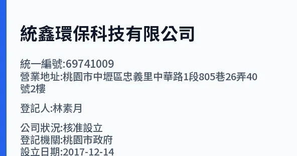統鑫環保科技有限公司的照片-統編 69741009(桃園市) 公司登記資料與營業項目詳細圖表
