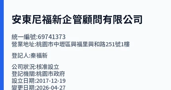 安東尼福新企管顧問有限公司的照片-統編 69741373(桃園市) 公司登記資料與營業項目詳細圖表