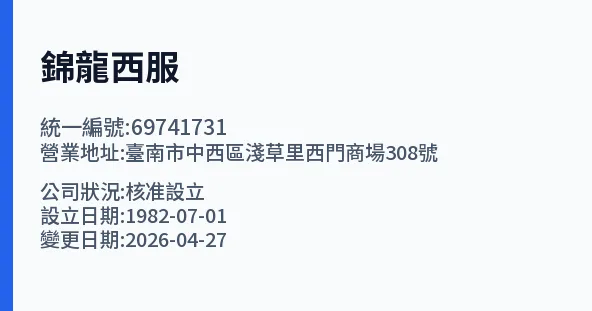 錦龍西服的照片-統編 69741731(臺南市) 公司登記資料與營業項目詳細圖表