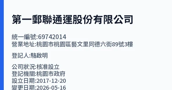 第一郵聯通運股份有限公司的照片-統編 69742014(桃園市) 公司登記資料與營業項目詳細圖表