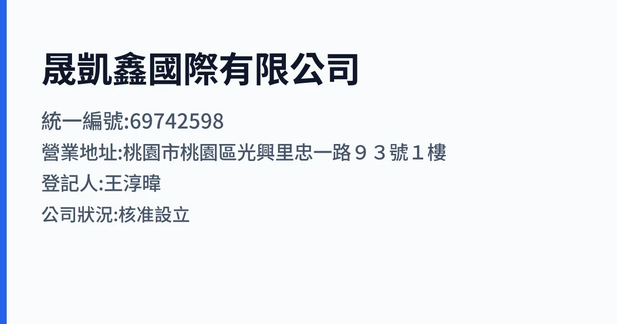 晟凱鑫國際有限公司 - 統編 69742598(桃園市) 公司登記資料與營業項目詳細圖表