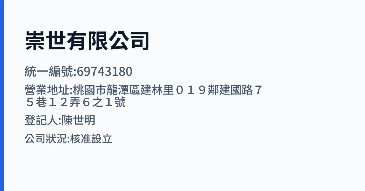 崇世有限公司 - 統編 69743180(桃園市) 公司登記資料與營業項目詳細圖表