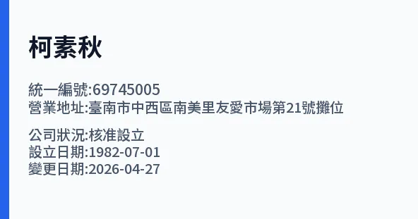 柯素秋的照片-統編 69745005(臺南市) 公司登記資料與營業項目詳細圖表