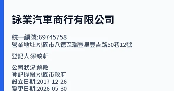 詠業汽車商行有限公司的照片-統編 69745758(桃園市) 公司登記資料與營業項目詳細圖表