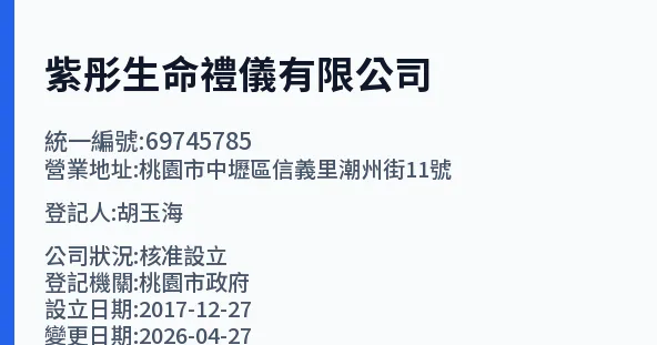 紫彤生命禮儀有限公司的照片-統編 69745785(桃園市) 公司登記資料與營業項目詳細圖表