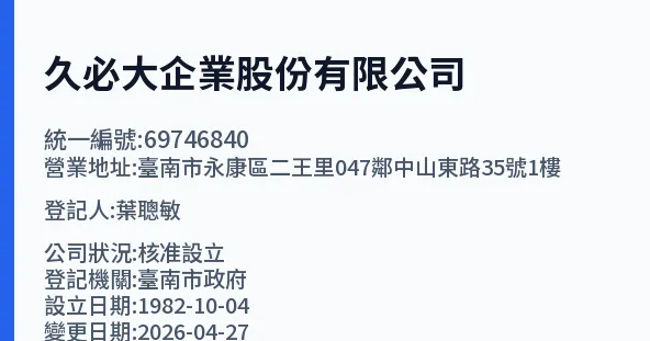 久必大企業股份有限公司的照片-統編 69746840(臺南市) 公司登記資料與營業項目詳細圖表