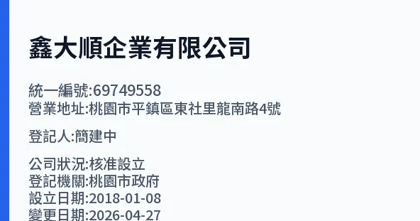 鑫大順企業有限公司的照片-統編 69749558(桃園市) 公司登記資料與營業項目詳細圖表
