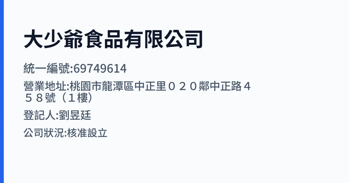 大少爺食品有限公司 - 統編 69749614(桃園市) 公司登記資料與營業項目詳細圖表