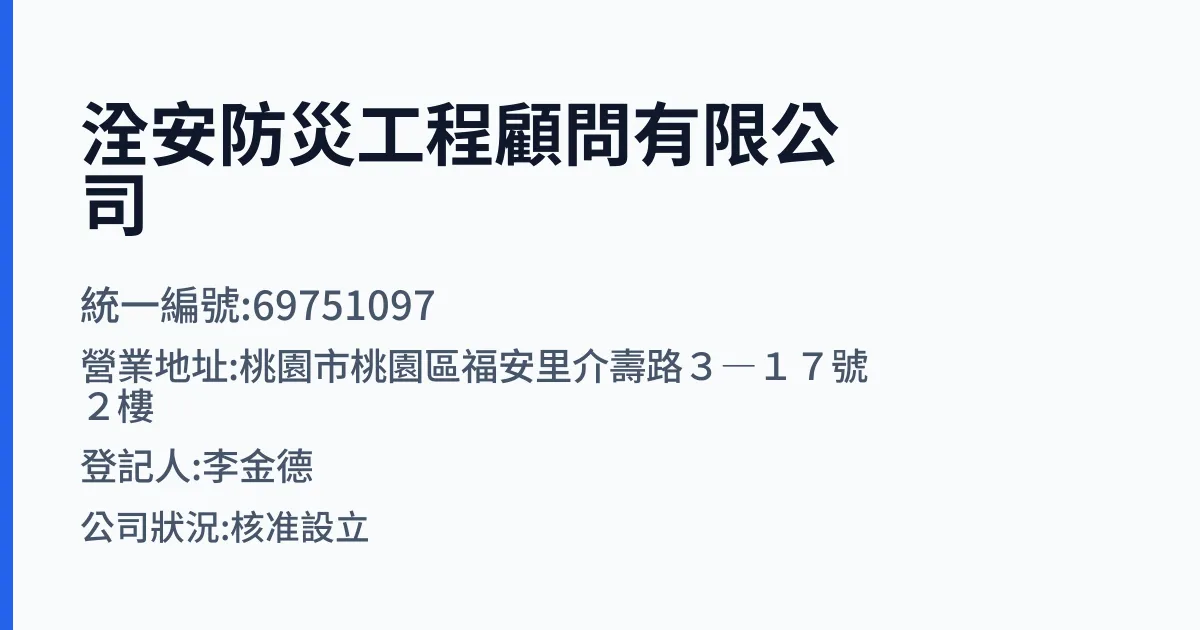 洤安防災工程顧問有限公司 - 統編 69751097(桃園市) 公司登記資料與營業項目詳細圖表