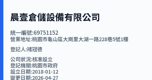 晨壹倉儲設備有限公司的照片-統編 69751152(桃園市) 公司登記資料與營業項目詳細圖表