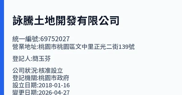 詠騰土地開發有限公司的照片-統編 69752027(桃園市) 公司登記資料與營業項目詳細圖表