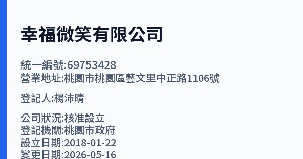 幸福微笑有限公司的照片-統編 69753428(桃園市) 公司登記資料與營業項目詳細圖表