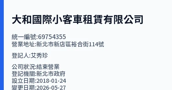 大和國際小客車租賃有限公司的照片-統編 69754355(新北市) 公司登記資料與營業項目詳細圖表
