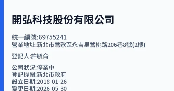 開弘科技股份有限公司的照片-統編 69755241(新北市) 公司登記資料與營業項目詳細圖表