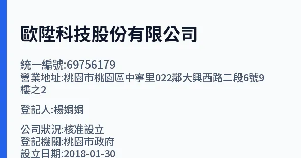 歐陞科技股份有限公司的照片-統編 69756179(桃園市) 公司登記資料與營業項目詳細圖表