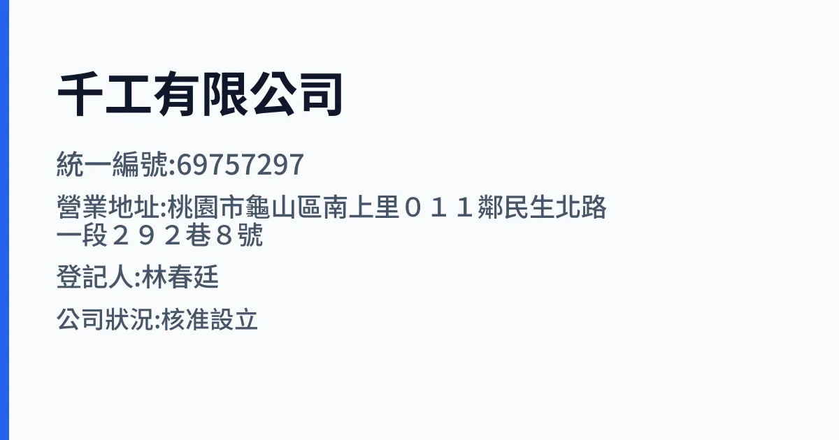 千工有限公司 - 統編 69757297(桃園市) 公司登記資料與營業項目詳細圖表