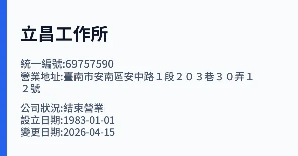 立昌工作所的照片-統編 69757590(臺南市) 公司登記資料與營業項目詳細圖表