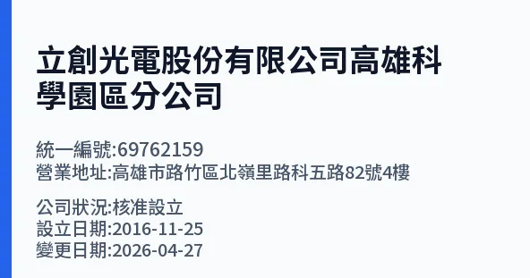 立創光電股份有限公司高雄科學園區分公司的照片-統編 69762159(高雄市) 公司登記資料與營業項目詳細圖表