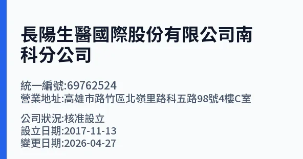長陽生醫國際股份有限公司南科分公司的照片-統編 69762524(高雄市) 公司登記資料與營業項目詳細圖表