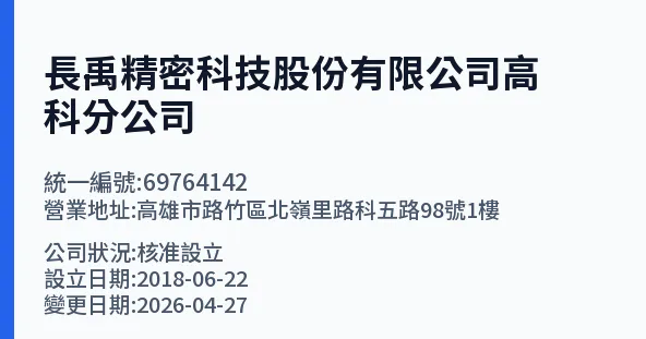 長禹精密科技股份有限公司高科分公司的照片-統編 69764142(高雄市) 公司登記資料與營業項目詳細圖表
