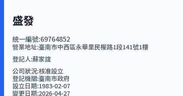 盛發的照片-統編 69764852(臺南市) 公司登記資料與營業項目詳細圖表