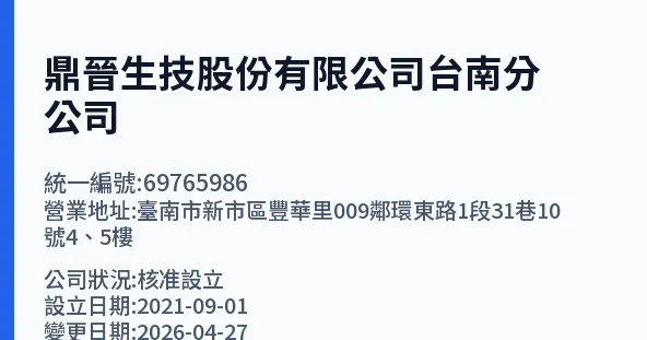鼎晉生技股份有限公司台南分公司的照片-統編 69765986(臺南市) 公司登記資料與營業項目詳細圖表