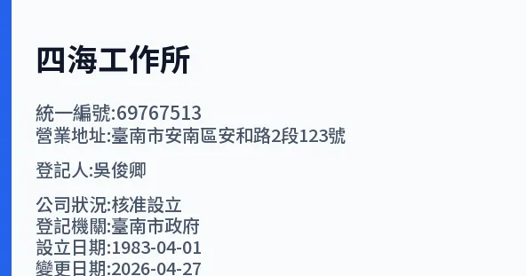 四海工作所的照片-統編 69767513(臺南市) 公司登記資料與營業項目詳細圖表