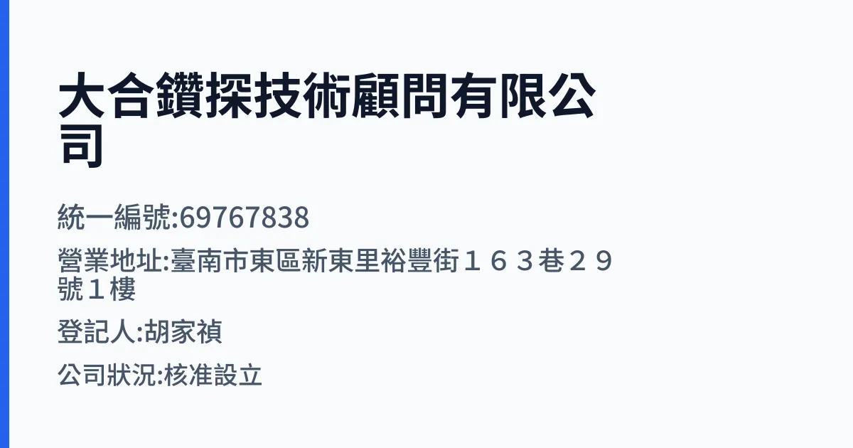 大合鑽探技術顧問有限公司 - 統編 69767838(臺南市) 公司登記資料與營業項目詳細圖表