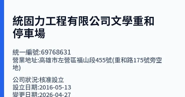 統固力工程有限公司文學重和停車場的照片-統編 69768631(高雄市) 公司登記資料與營業項目詳細圖表