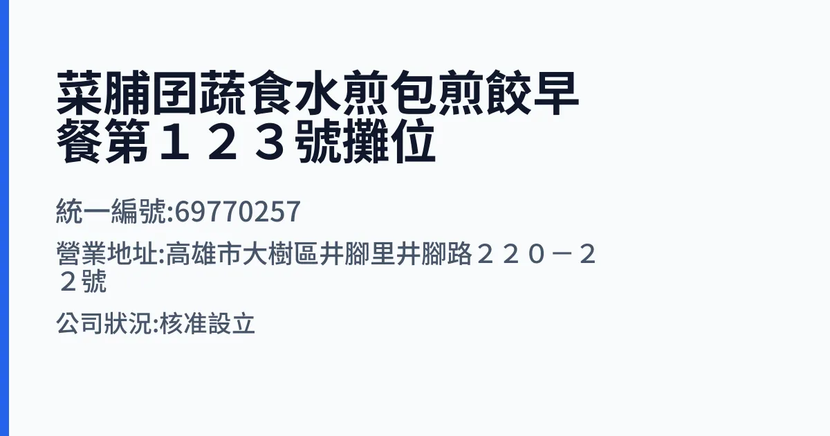 菜脯囝蔬食水煎包煎餃早餐第１２３號攤位 - 統編 69770257（高雄市） 公司登記資料與營業項目詳細圖表