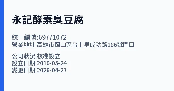 永記酵素臭豆腐的照片-統編 69771072(高雄市) 公司登記資料與營業項目詳細圖表