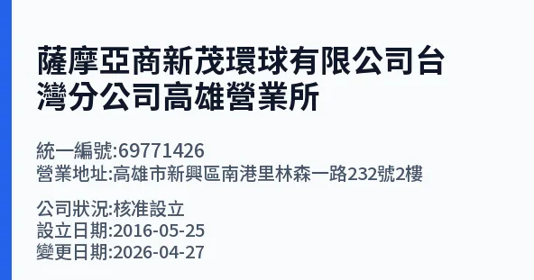 薩摩亞商新茂環球有限公司台灣分公司高雄營業所的照片-統編 69771426(高雄市) 公司登記資料與營業項目詳細圖表