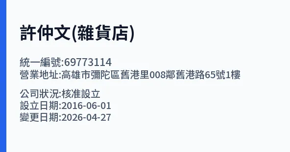 許仲文(雜貨店)的照片-統編 69773114(高雄市) 公司登記資料與營業項目詳細圖表