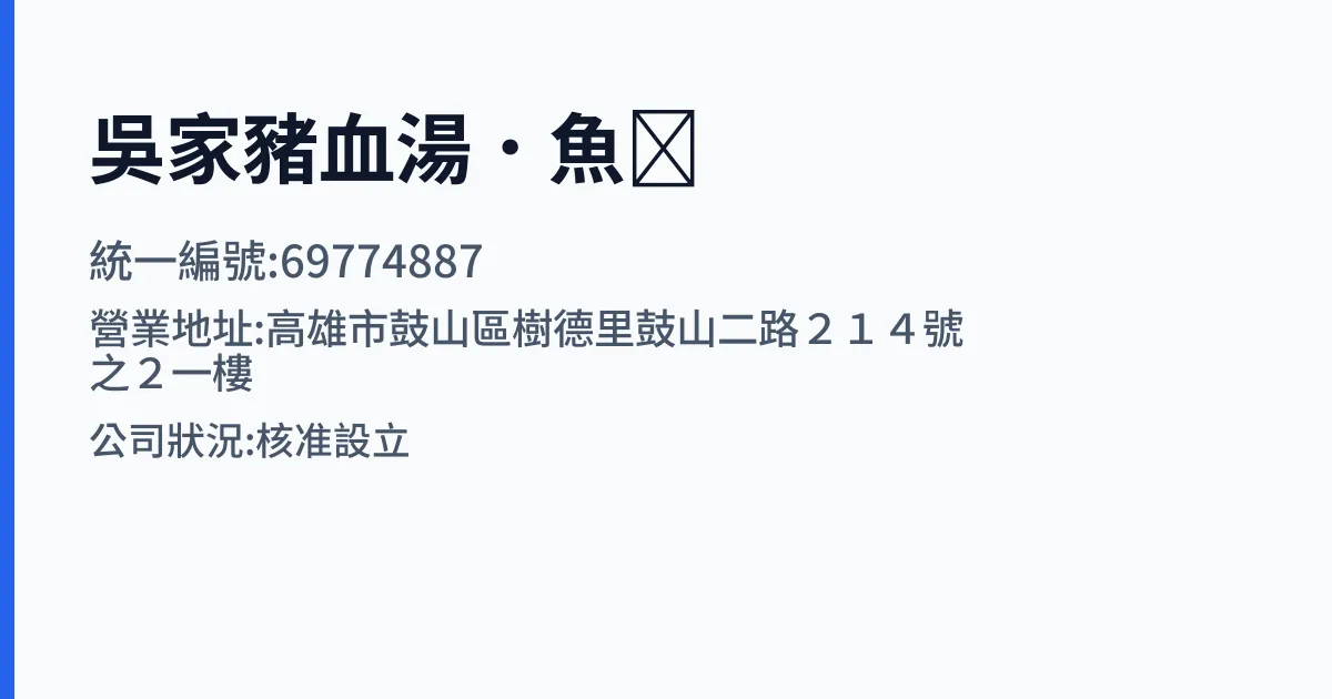 吳家豬血湯．魚焿 - 統編 69774887(高雄市) 公司登記資料與營業項目詳細圖表