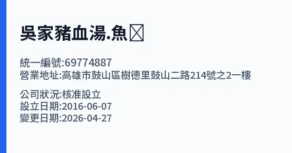 吳家豬血湯.魚焿的照片-統編 69774887(高雄市) 公司登記資料與營業項目詳細圖表