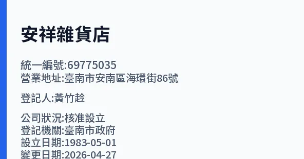 安祥雜貨店的照片-統編 69775035(臺南市) 公司登記資料與營業項目詳細圖表