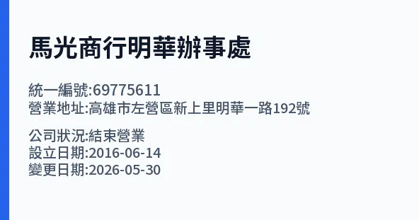 馬光商行明華辦事處的照片-統編 69775611(高雄市) 公司登記資料與營業項目詳細圖表