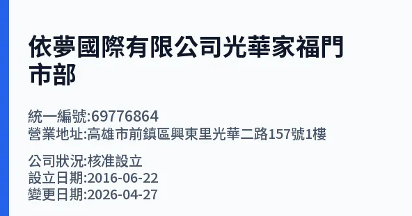 依夢國際有限公司光華家福門市部的照片-統編 69776864(高雄市) 公司登記資料與營業項目詳細圖表