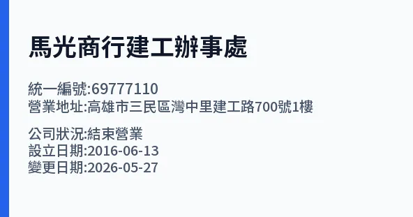 馬光商行建工辦事處的照片-統編 69777110(高雄市) 公司登記資料與營業項目詳細圖表