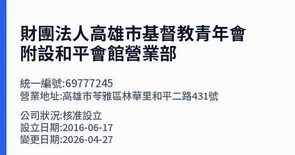 財團法人高雄市基督教青年會附設和平會館營業部的照片-統編 69777245(高雄市) 公司登記資料與營業項目詳細圖表