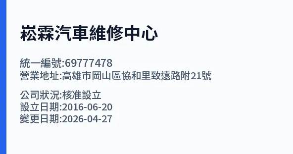 崧霖汽車維修中心的照片-統編 69777478(高雄市) 公司登記資料與營業項目詳細圖表