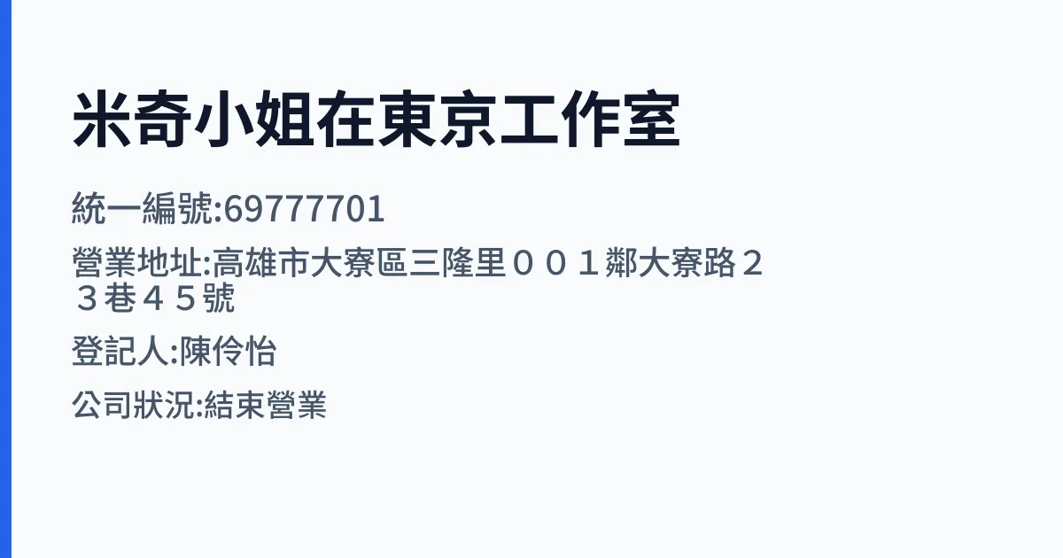 米奇小姐在東京工作室 - 統編 69777701(高雄市) 公司登記資料與營業項目詳細圖表