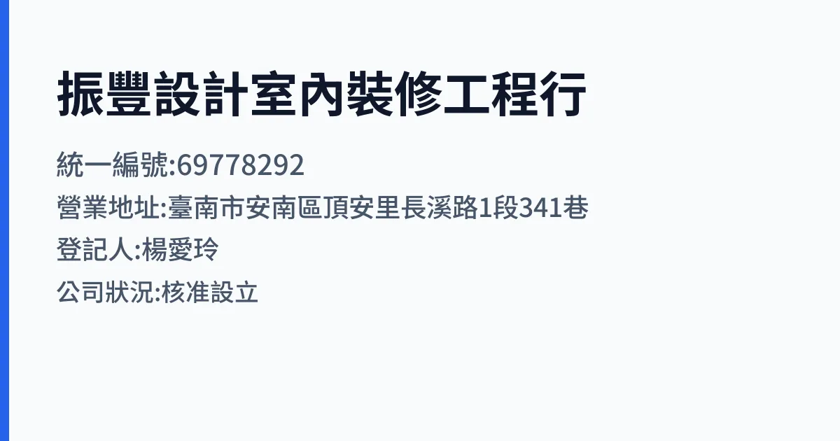 振豐設計室內裝修工程行 - 統編 69778292(臺南市) 公司登記資料與營業項目詳細圖表