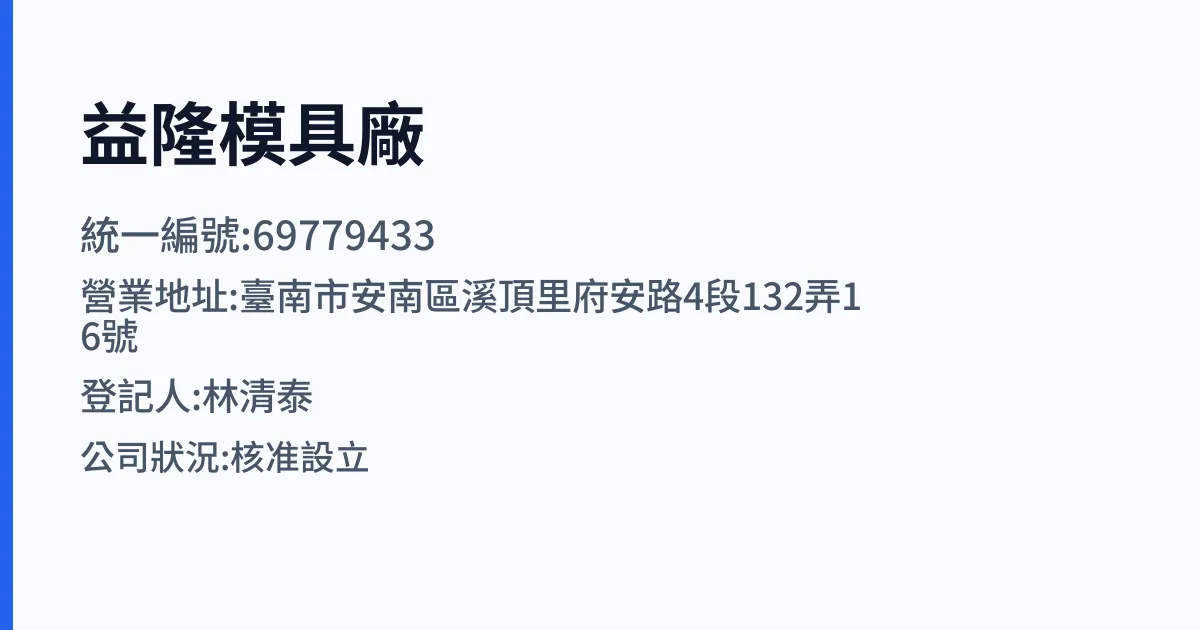 益隆模具廠 - 統編 69779433(臺南市) 公司登記資料與營業項目詳細圖表