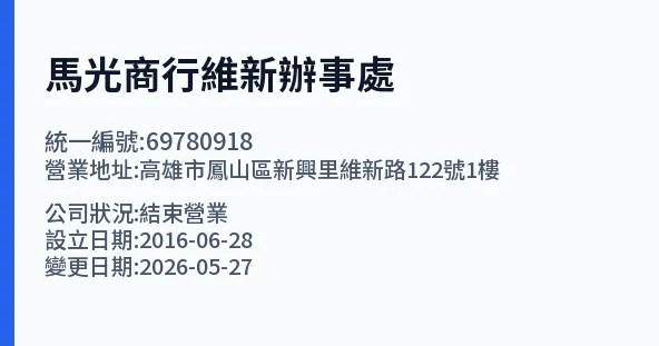 馬光商行維新辦事處的照片-統編 69780918(高雄市) 公司登記資料與營業項目詳細圖表