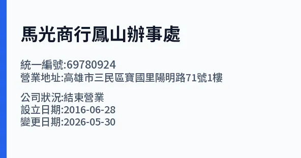 馬光商行鳳山辦事處的照片-統編 69780924(高雄市) 公司登記資料與營業項目詳細圖表